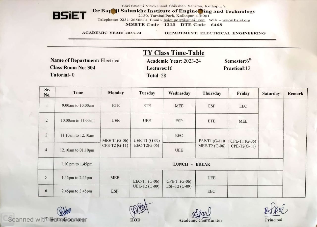 TImeTable – Department Of Electrical Engineering