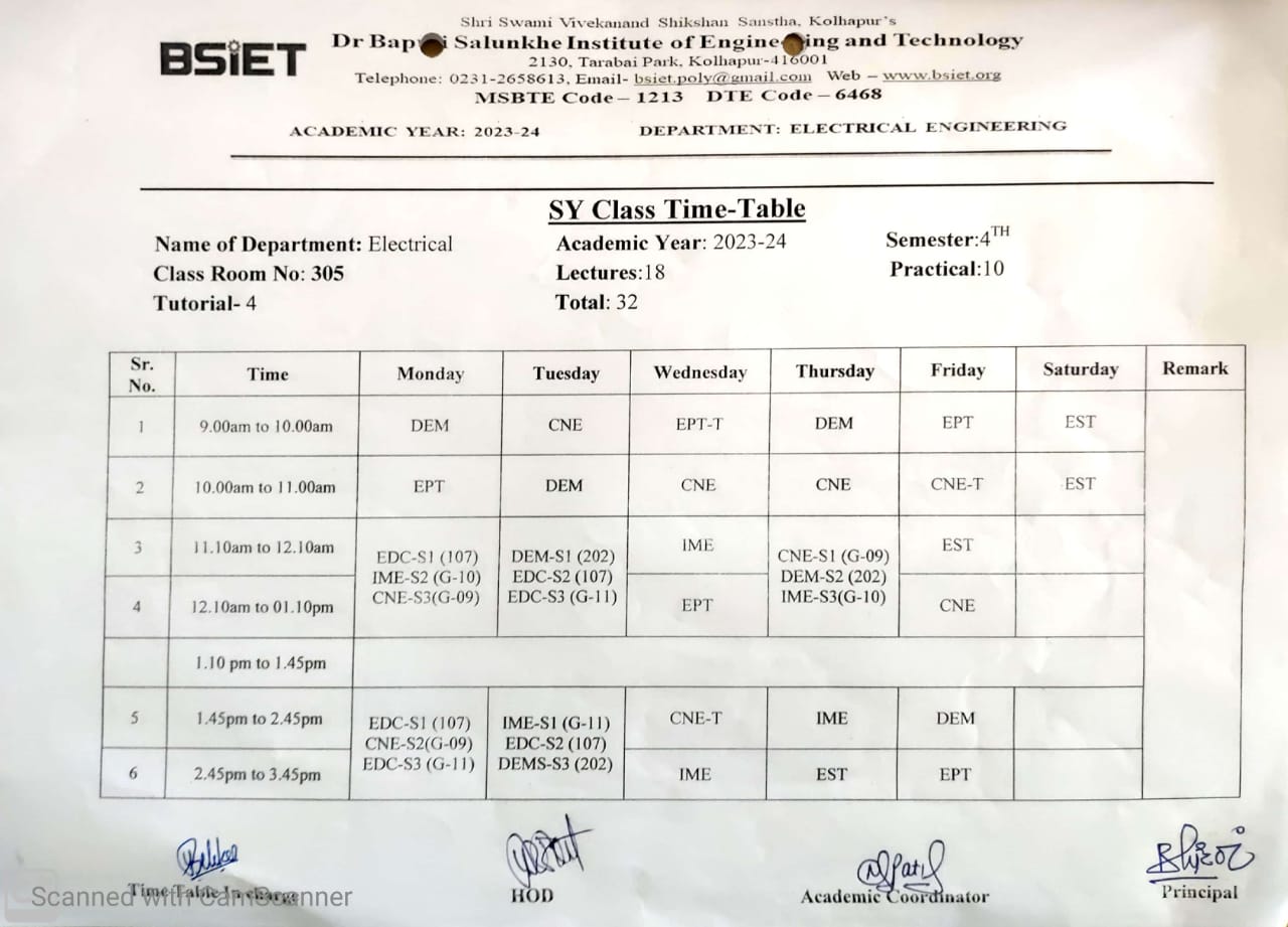 TImeTable – Department Of Electrical Engineering
