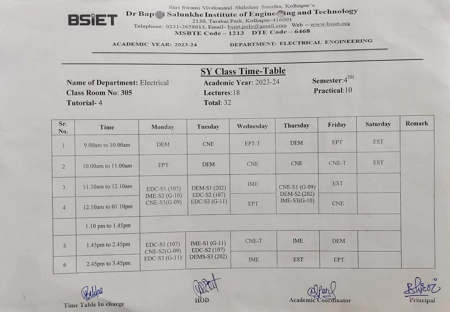 TImeTable – Department Of Electrical Engineering